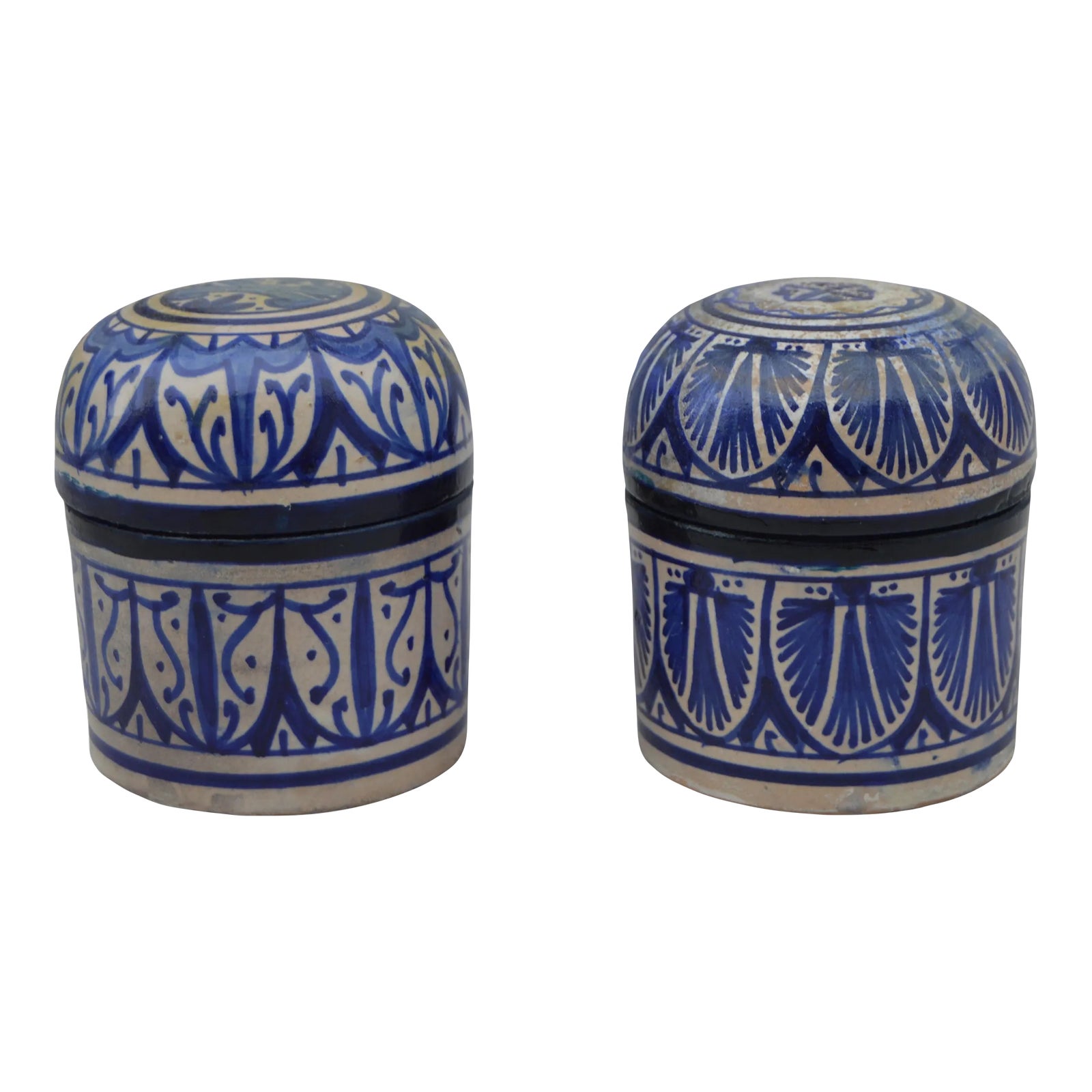 Mid 20th Century Moroccan Blue Fez-Ceramic Lidded Jars- 2 Pieces | Chairish