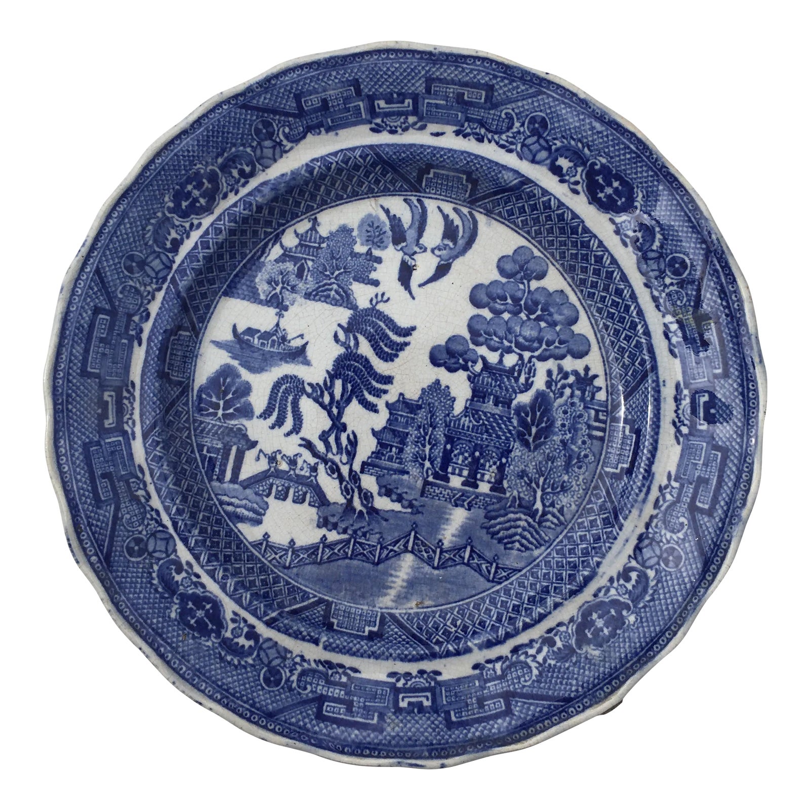 Early 19th Century Blue & White Willow Pattern Plate | Chairish