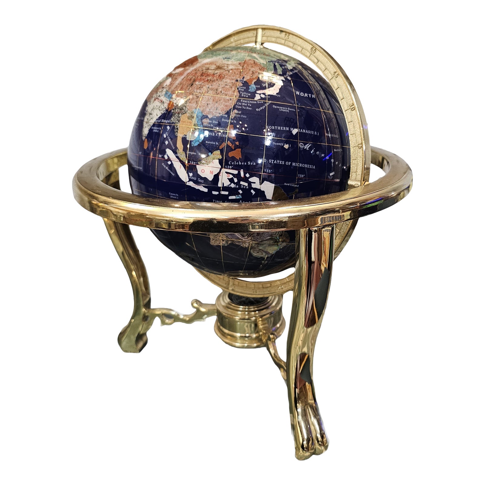 Postmodern Blue Lapis and Stone Tabletop World Globe on a Brass Stand ...