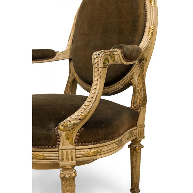 French Louis XVI Style Oval Back Carved Wood Green Velvet Upholstered ...