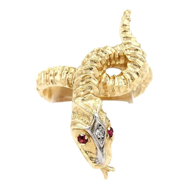 Diamond & Ruby 14k Yellow Gold Snake Ring | Chairish