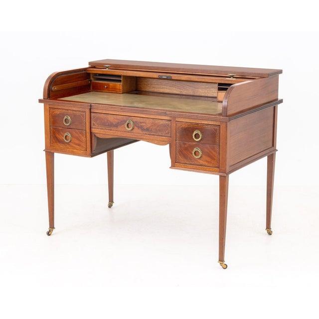Edwardian Mahogany Inlaid Tambour Cylinder Desk | Chairish