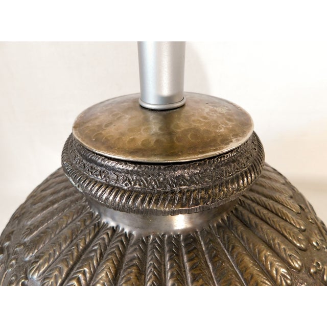 Ornate Vintage Chinese Round Brass Floral Embossed Table Lamp Wood Base ...