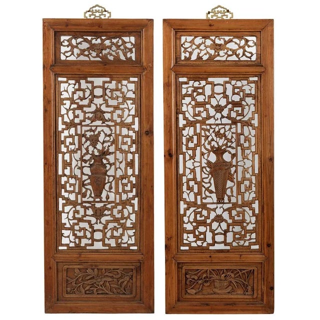 Carved Window Panels with Flower Vases, Set of 2 | Chairish