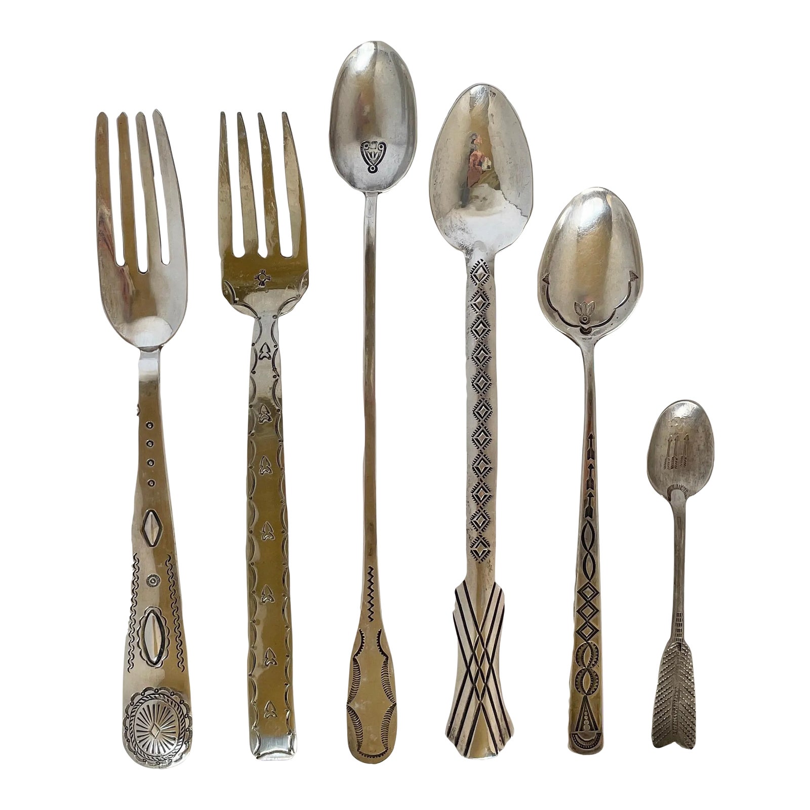 Collection of 6 American Indian Stamped Silver Flatware Pieces, 1950s ...