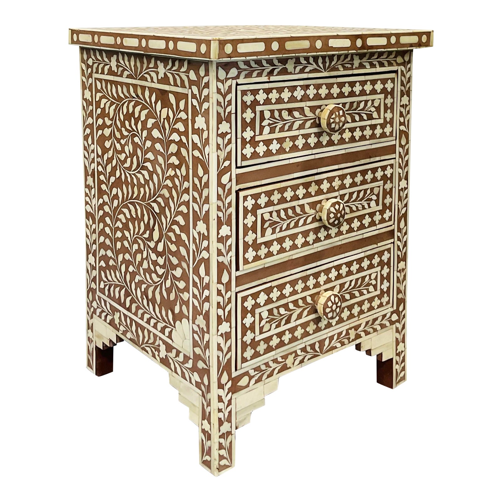 Moroccan Style Mocha Faux Bone Inlay Three Drawer Nightstand | Chairish