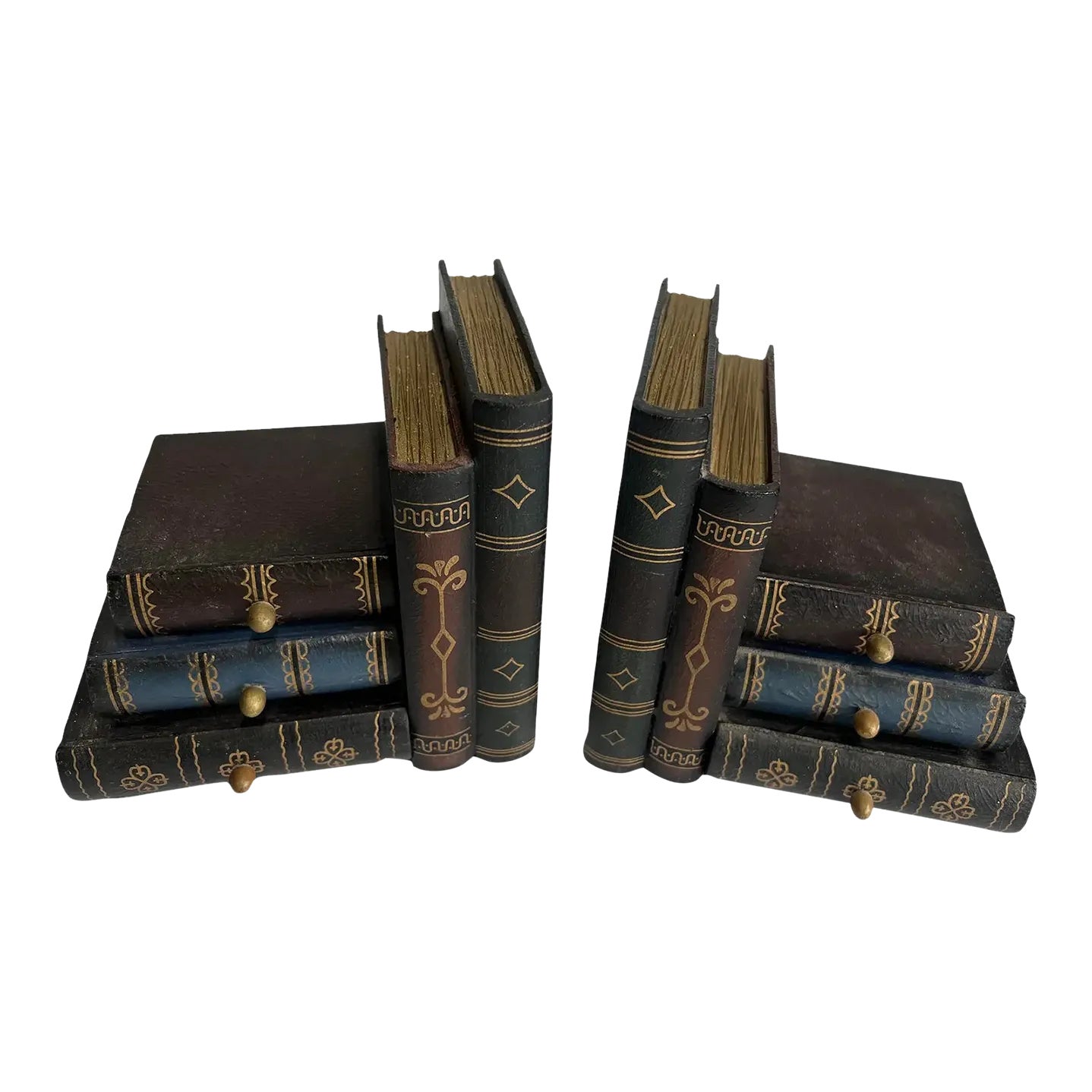 Late 20th Century Wooden Bookends Accompanied by Triplet of Faux Book ...