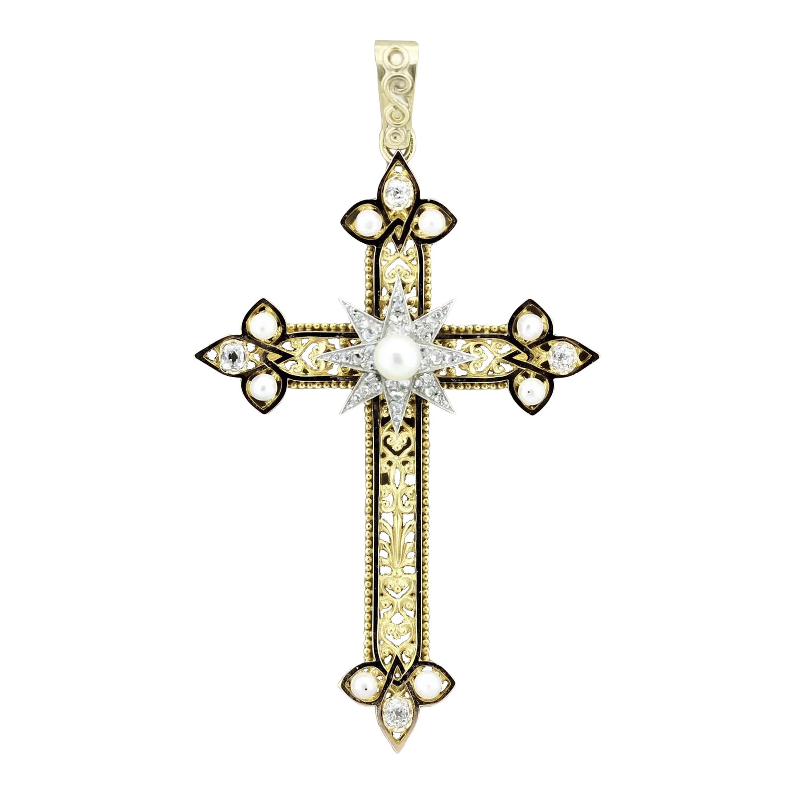 Superb Victorian Antique Diamond Pearl Gold Cross Pendant | Chairish
