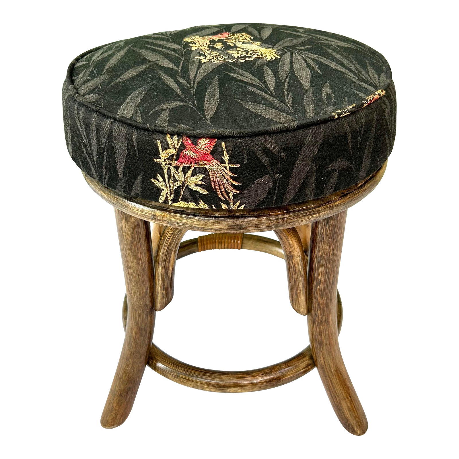 1980s Vintage Clark Casual Rattan Upholstered Vanity Stool Black Aviary ...