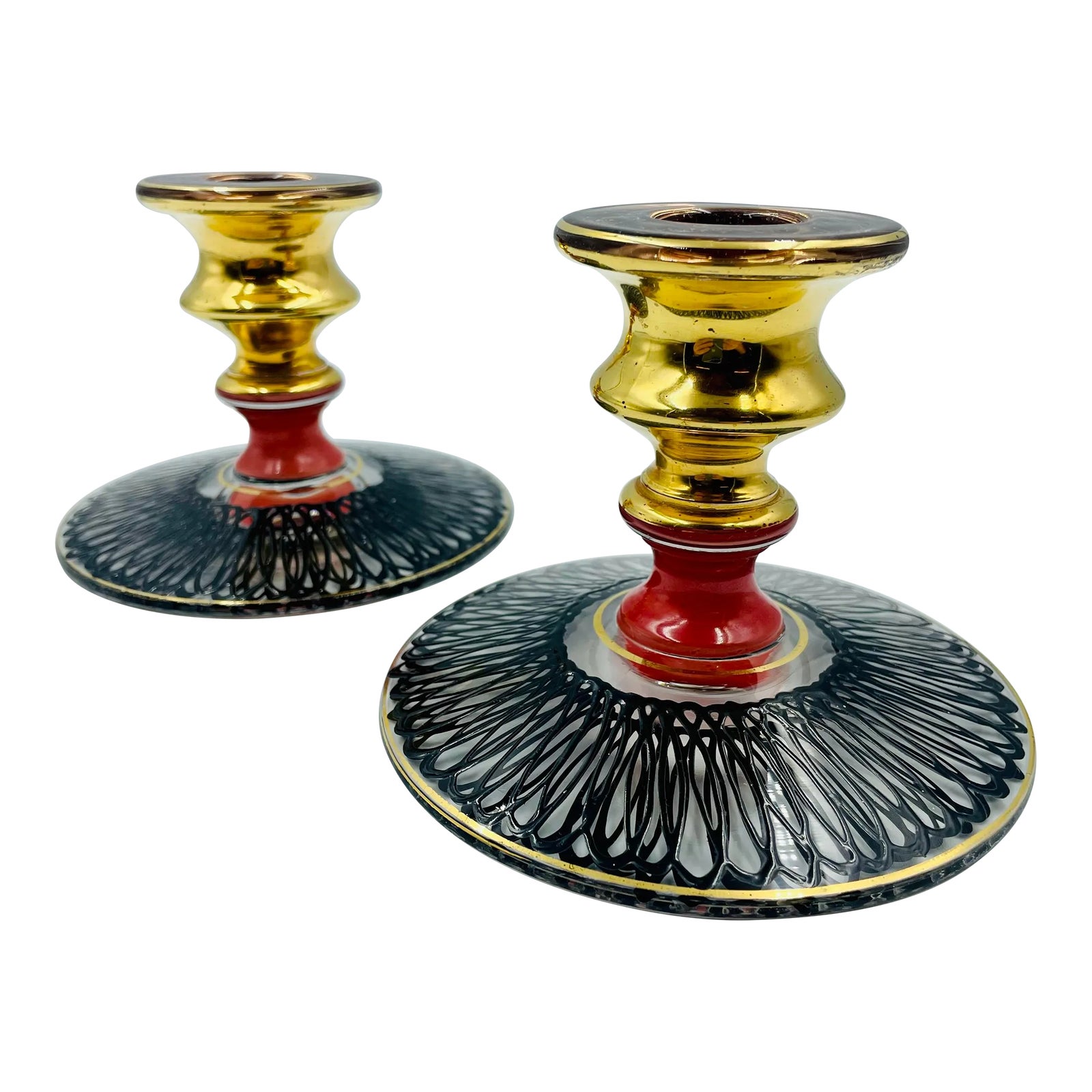Pair of Mid 20th Century Rose Colored & Gold Leaf Glass Candle Holders ...