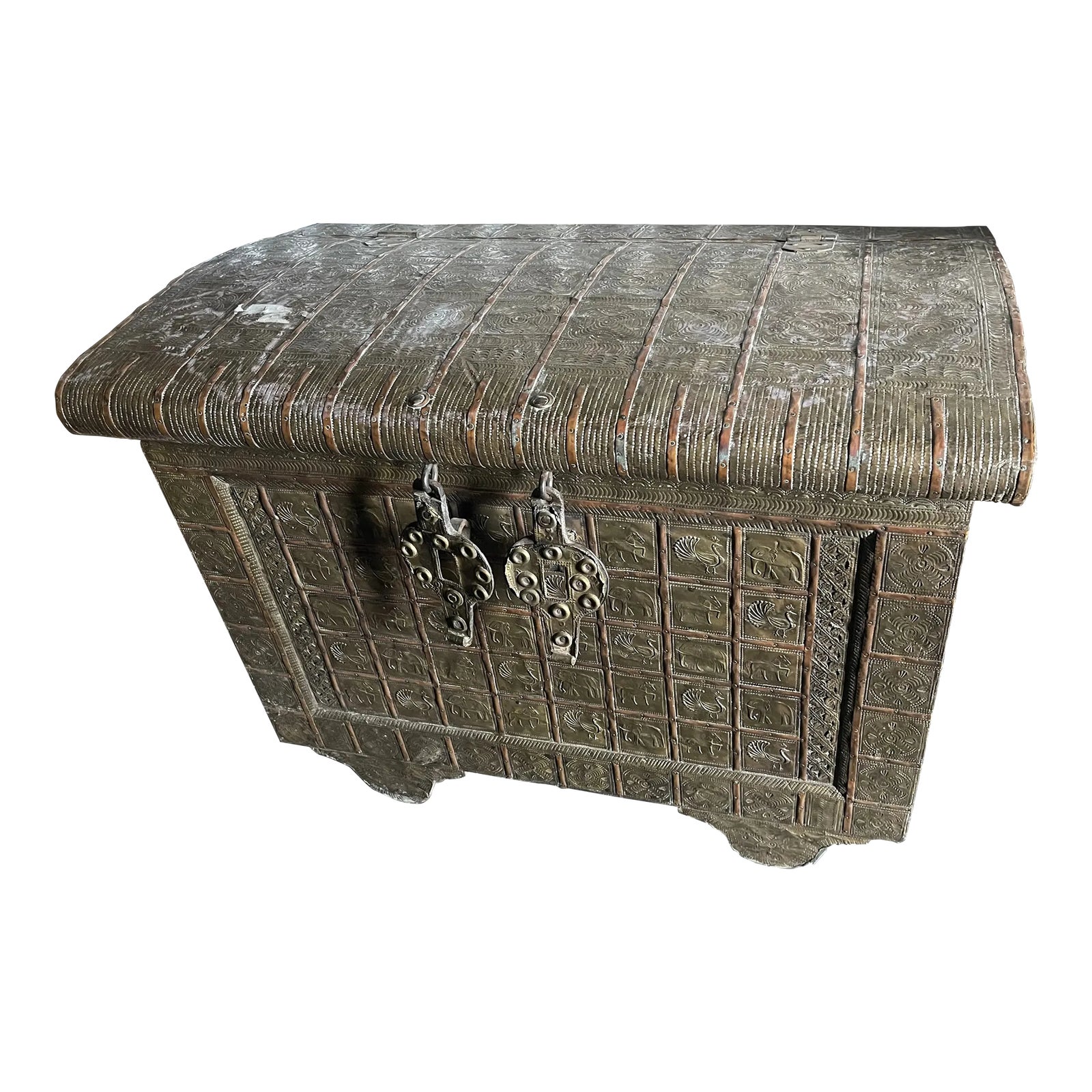 Antique Indian Hammered Brass Wedding Dowry Trunk on Wheels | Chairish