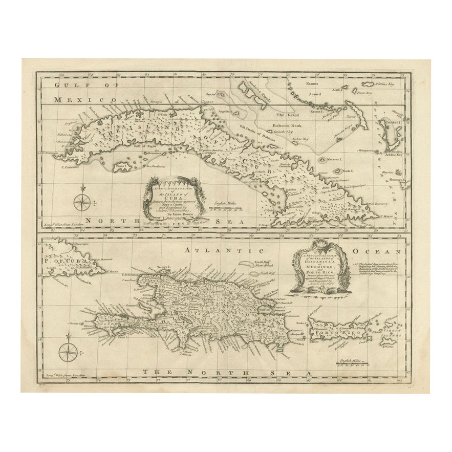 Antique Map of Cuba with Caribbean Sea Chart by Bowen, 1744 | Chairish
