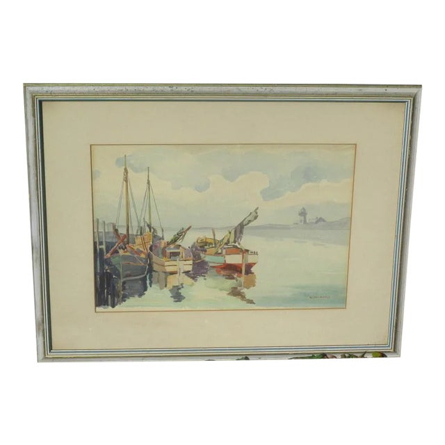 Early 20th Century Seascape Harbor Scene Watercolor by Listed Artist ...