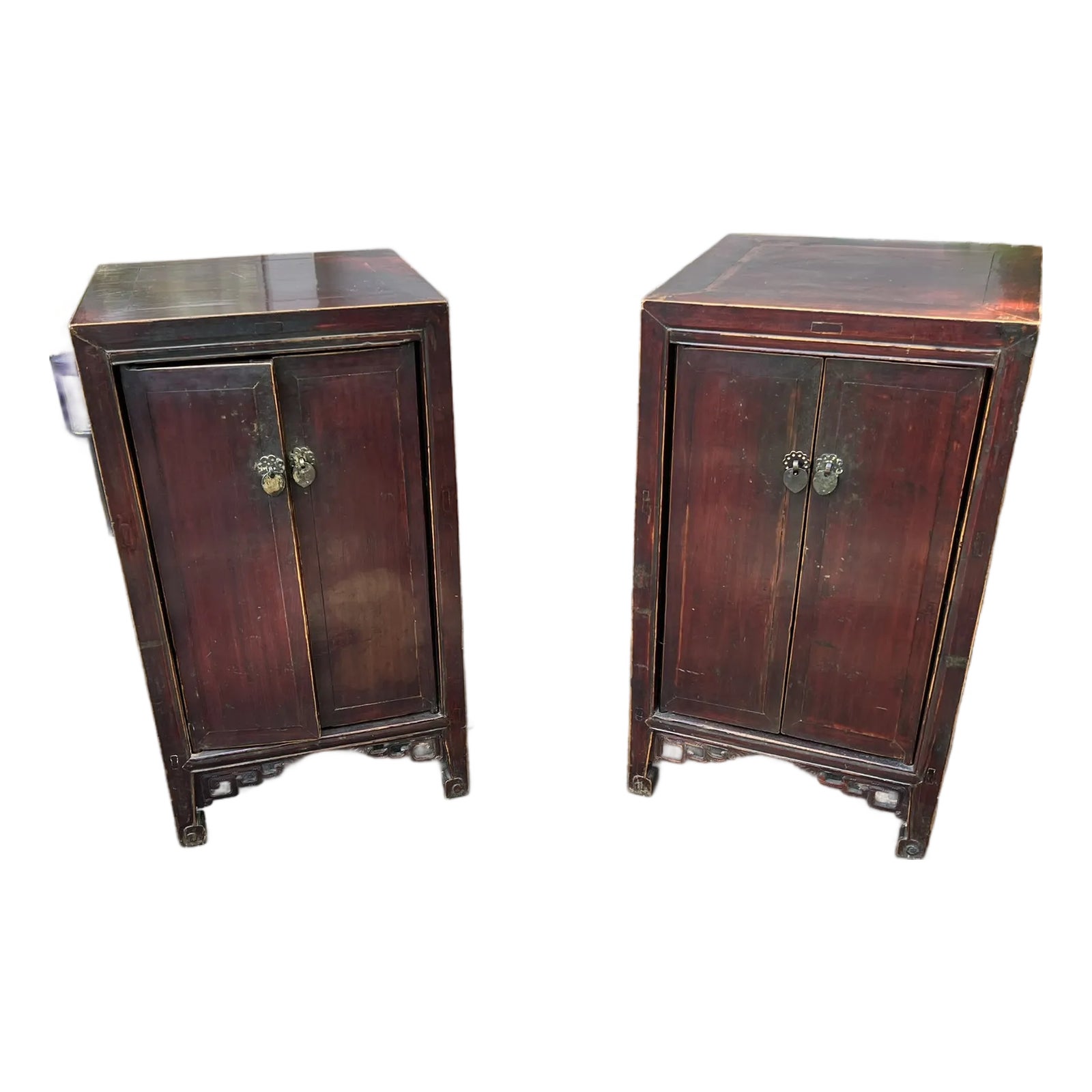 Chinese Antique Pair of Mahogany Lacquer Cabinets | Chairish