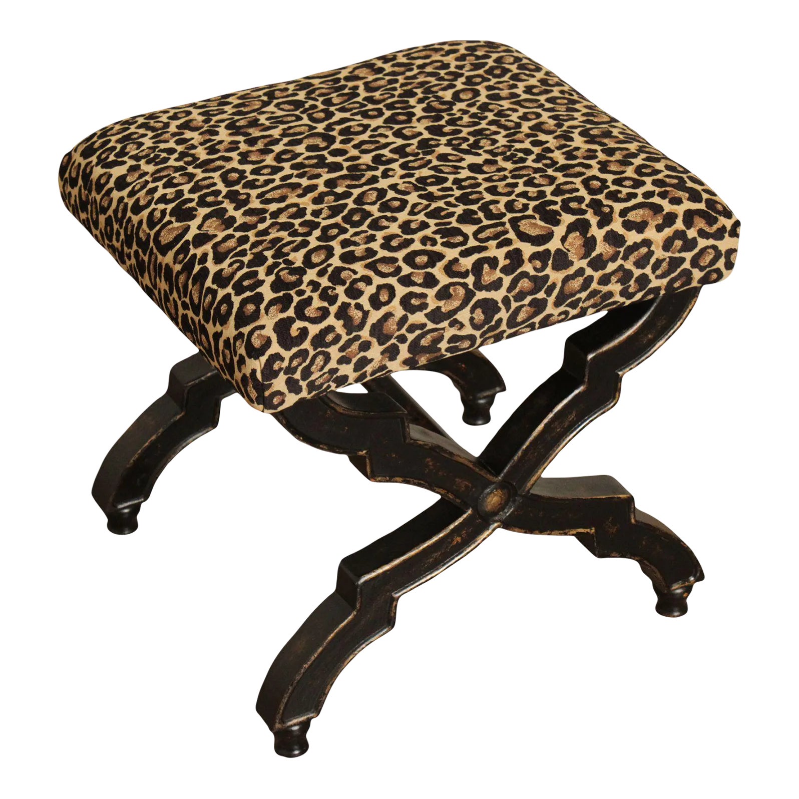 Regency Style Painted X-Frame Leopard Upholstered Ottoman Footstool ...