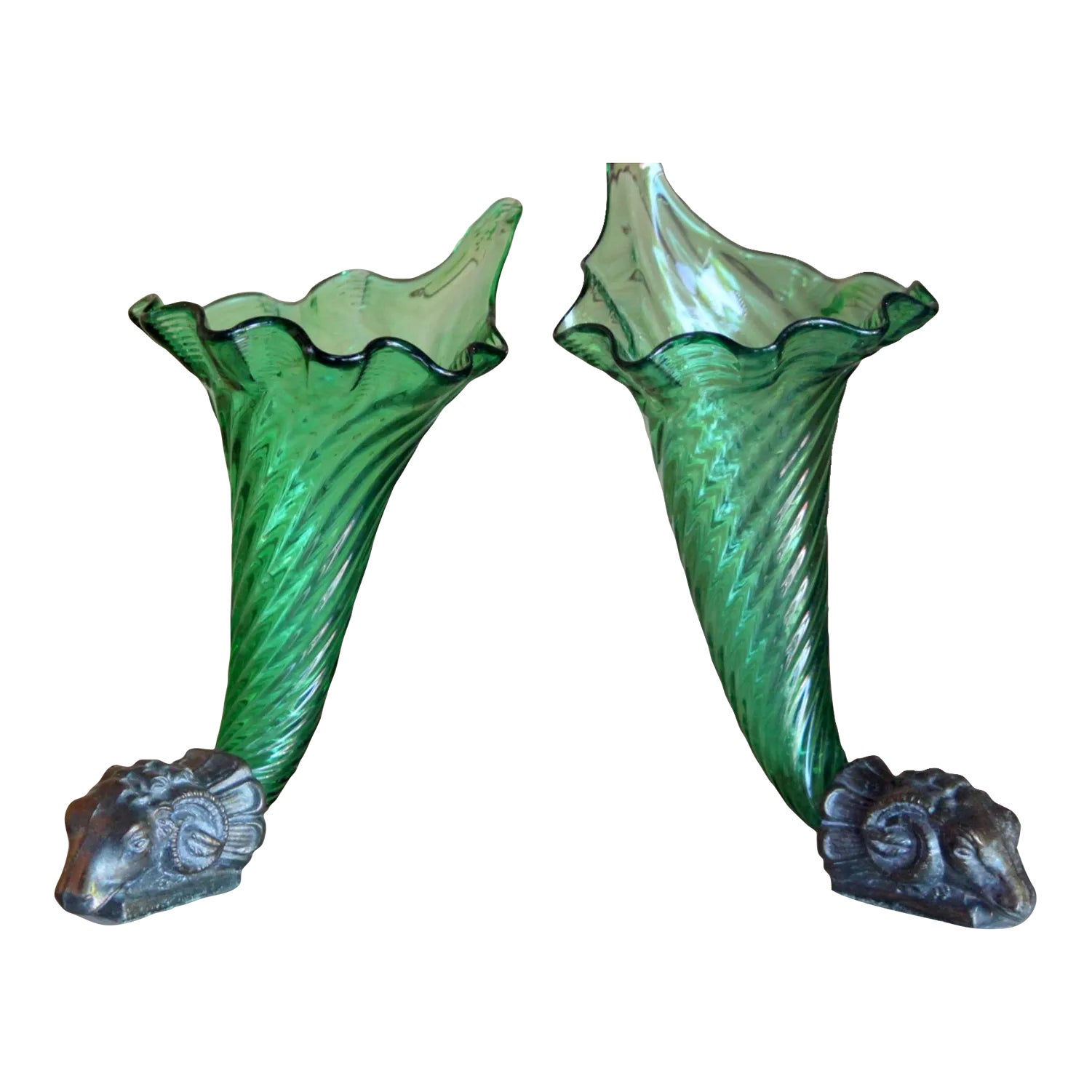 Antique Victorian Era Green Glass Cornucopia Vases With Bronze Ram on ...