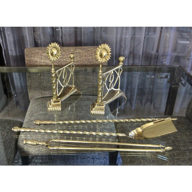 Late 20th Century Aesthetic English Sunflower Brass Fireplace Andiron ...