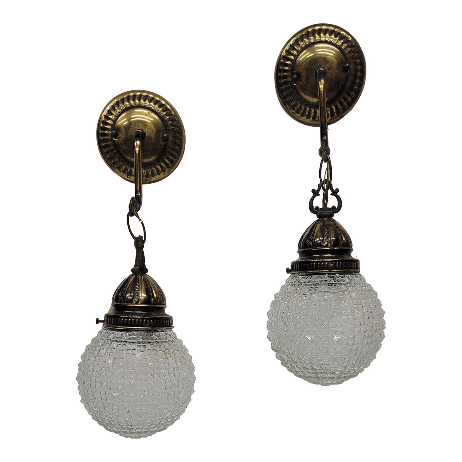 Mid-Century Textured Clear Glass Shade Hanging Swag Wall Sconces - a ...