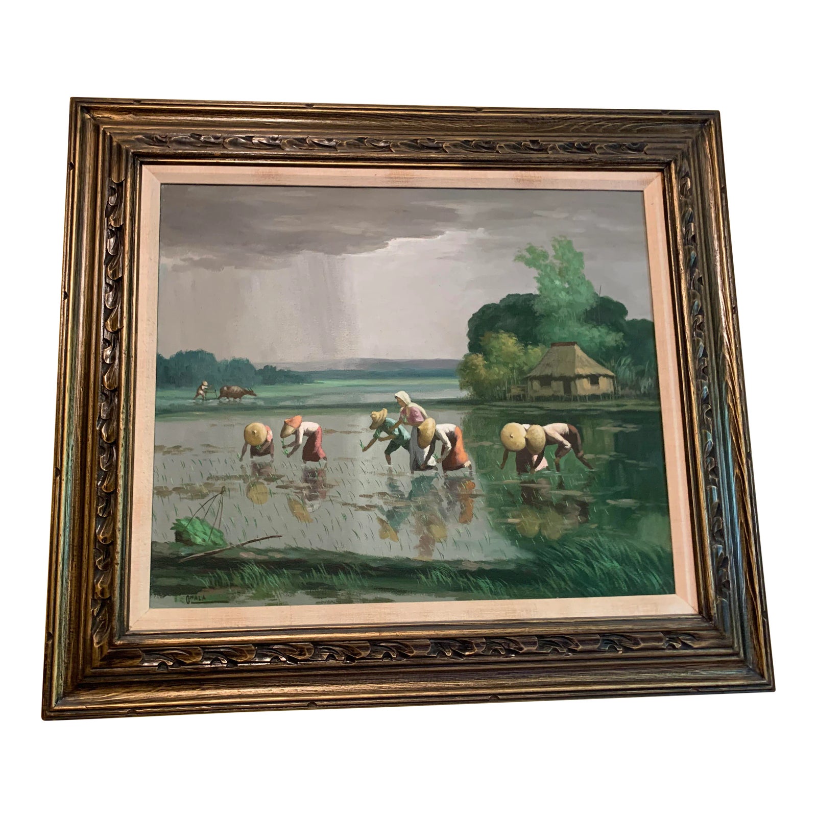 1960s Vintage Southeast Asian Workers Picking Rice Framed Painting ...