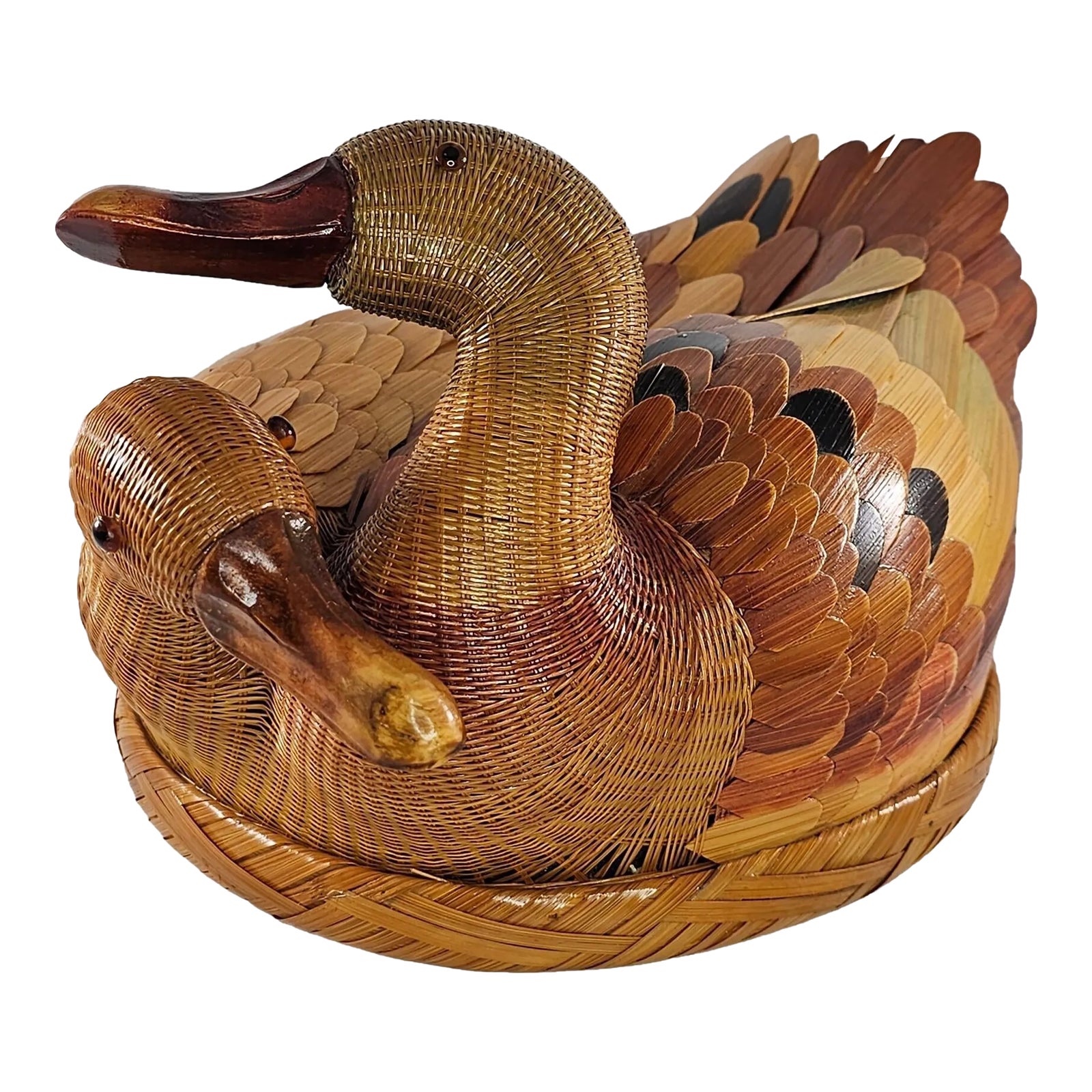 Vintage 1950s Zhejiang Handicrafts Midcentury Wicker Rattan Duck Basket ...