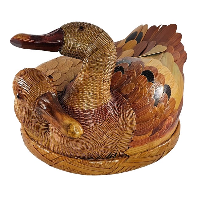Vintage 1950s Zhejiang Handicrafts Midcentury Wicker Rattan Duck Basket ...
