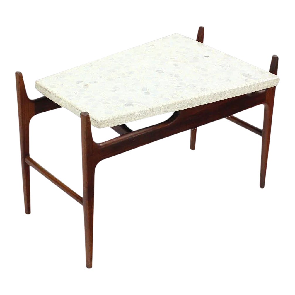 Vintage Mid Century Trapezoid Travertine Terrazzo Top Walnut Base End ...