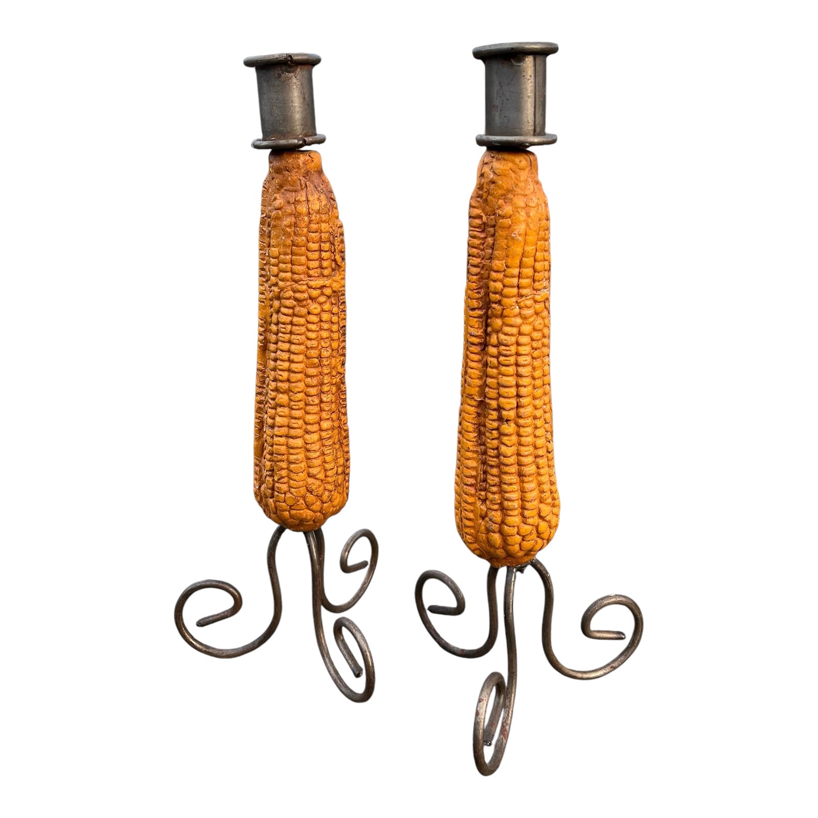 Mid 20th Century Folk Art Corn Cob Ceramic and Metal Candlesticks- Set ...