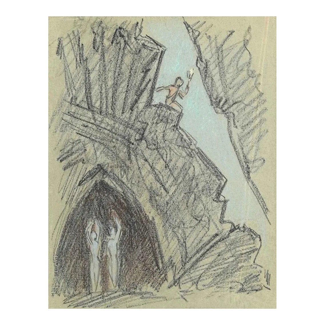 The Descent Into the Cave, Original Pencil and Pastel Drawing, 20th ...