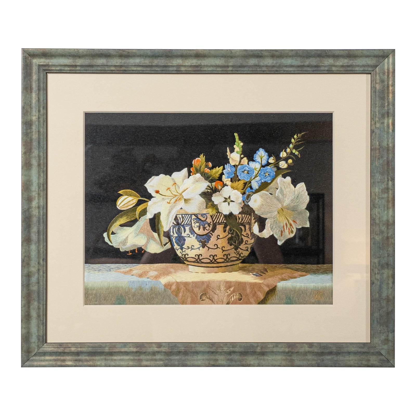 Ken Marlow – “Lilies in Delft” Hand-Embroidered Artwork, Framed | Chairish