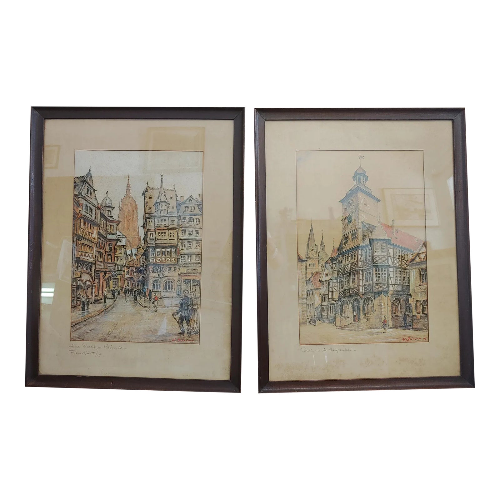 Vintage 1946 Colored Pencil Drawings of German Cityscapes - a Pair ...