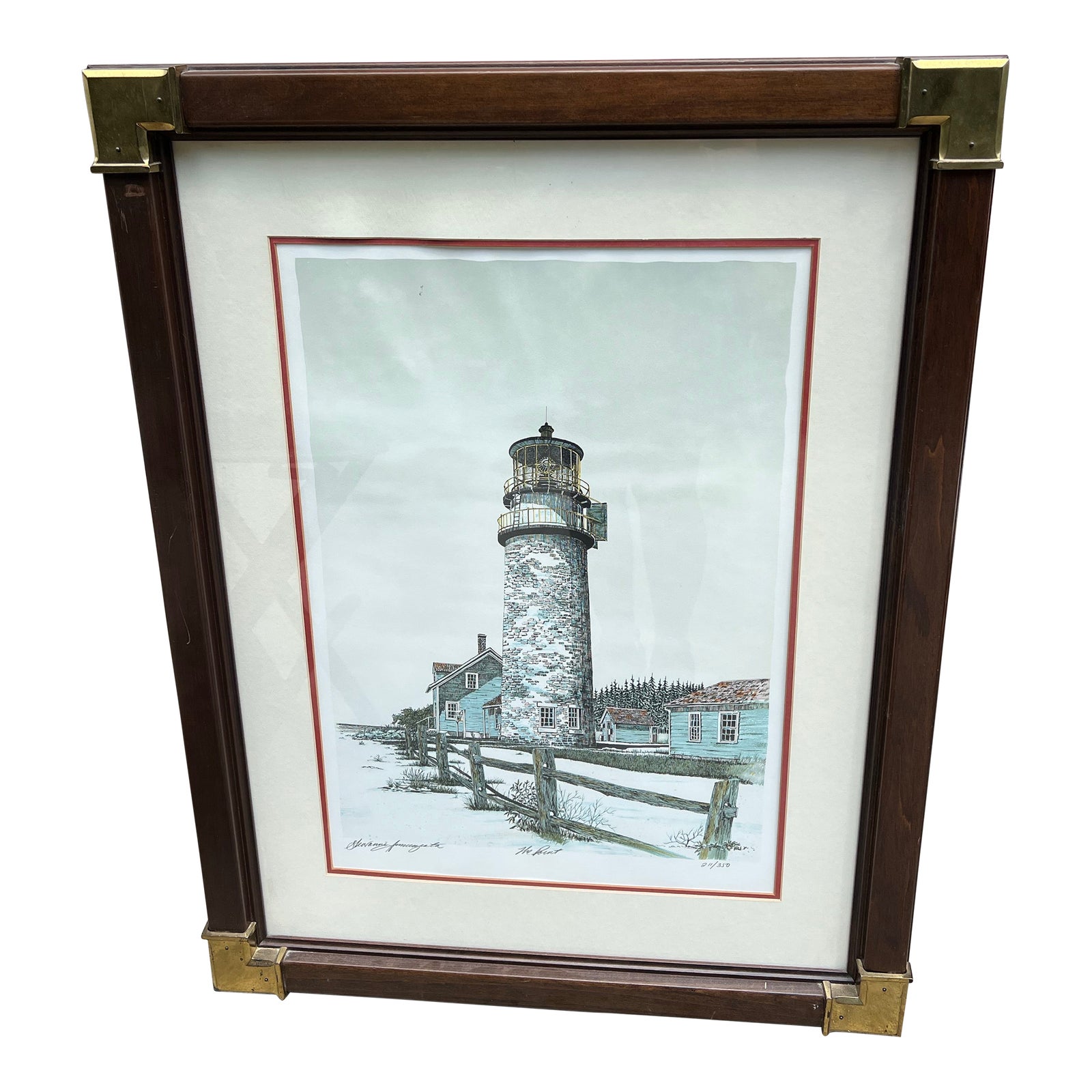 1970s Signed Lighthouse Lithograph in Frame With Brass Corners, New ...
