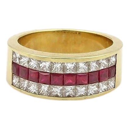 Channel Set Princess Cut Diamond Ruby 18k Yellow Gold 8mm Band Ring ...