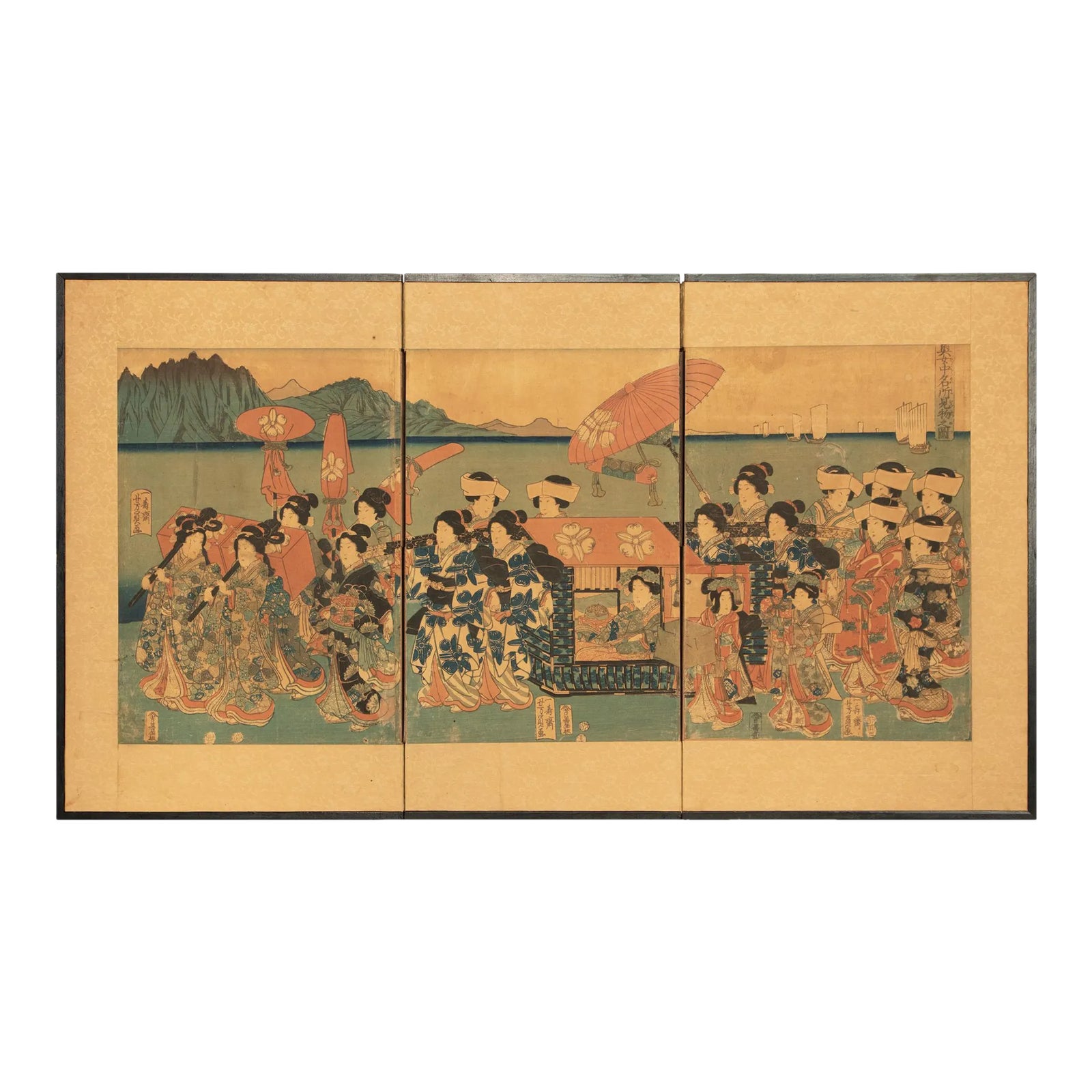 Edo Era Utagawa Kunisada Woodblock Print Triptych Byobu Screen C. 1850s | Chairish