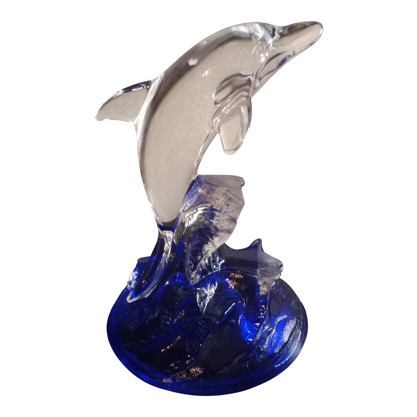 1970s Art Glass Clear Dolphin Figurine on Cobalt Blue Wave Base | Chairish