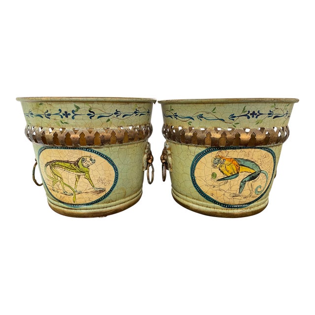 Pair Raphael Serrano Tole Cachepots Planters- Monkeys | Chairish