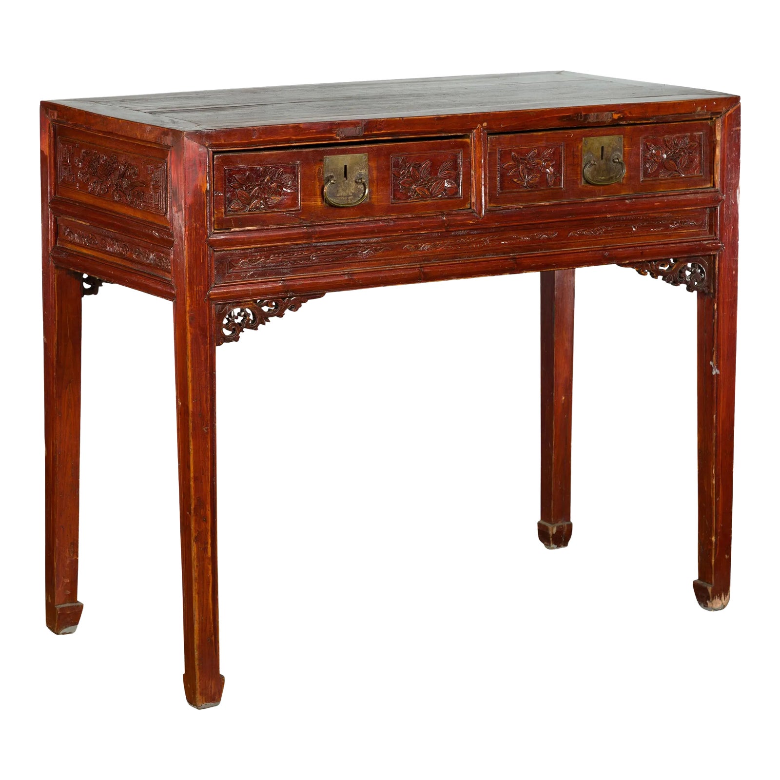 Chinese Qing Dynasty Period 19th Century Reddish Brown Table with Two ...