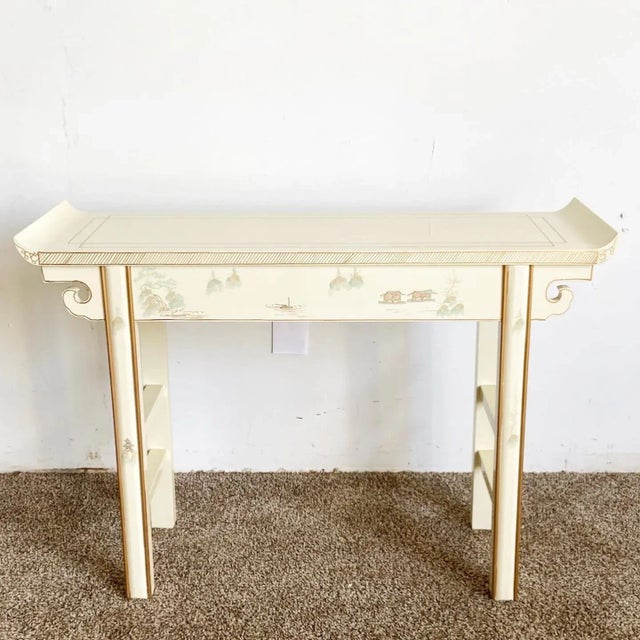 Vintage Chinese Cream Lacquered and Hand Painted Console Table | Chairish