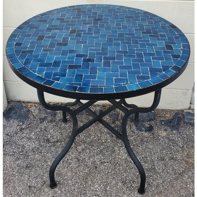 27" Moroccan Round Mosaic Table in Blue Petrol Bejmat Style | Chairish