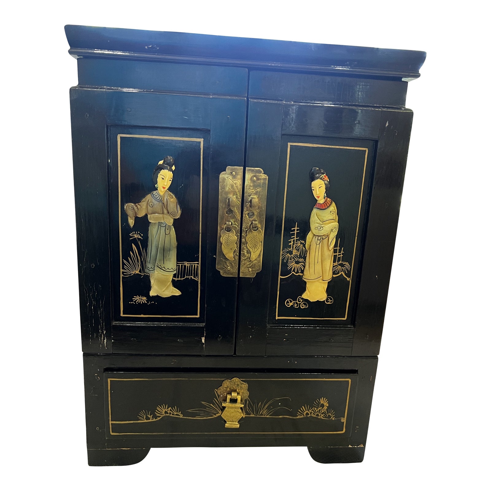 Lacquerware Jewelry Box, Black Lacquer With Mother of Pearl Figures ...