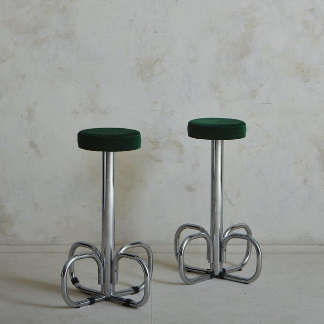 Pair of Curved Chrome Base Stools in Green Velvet, Italy 1970s | Chairish