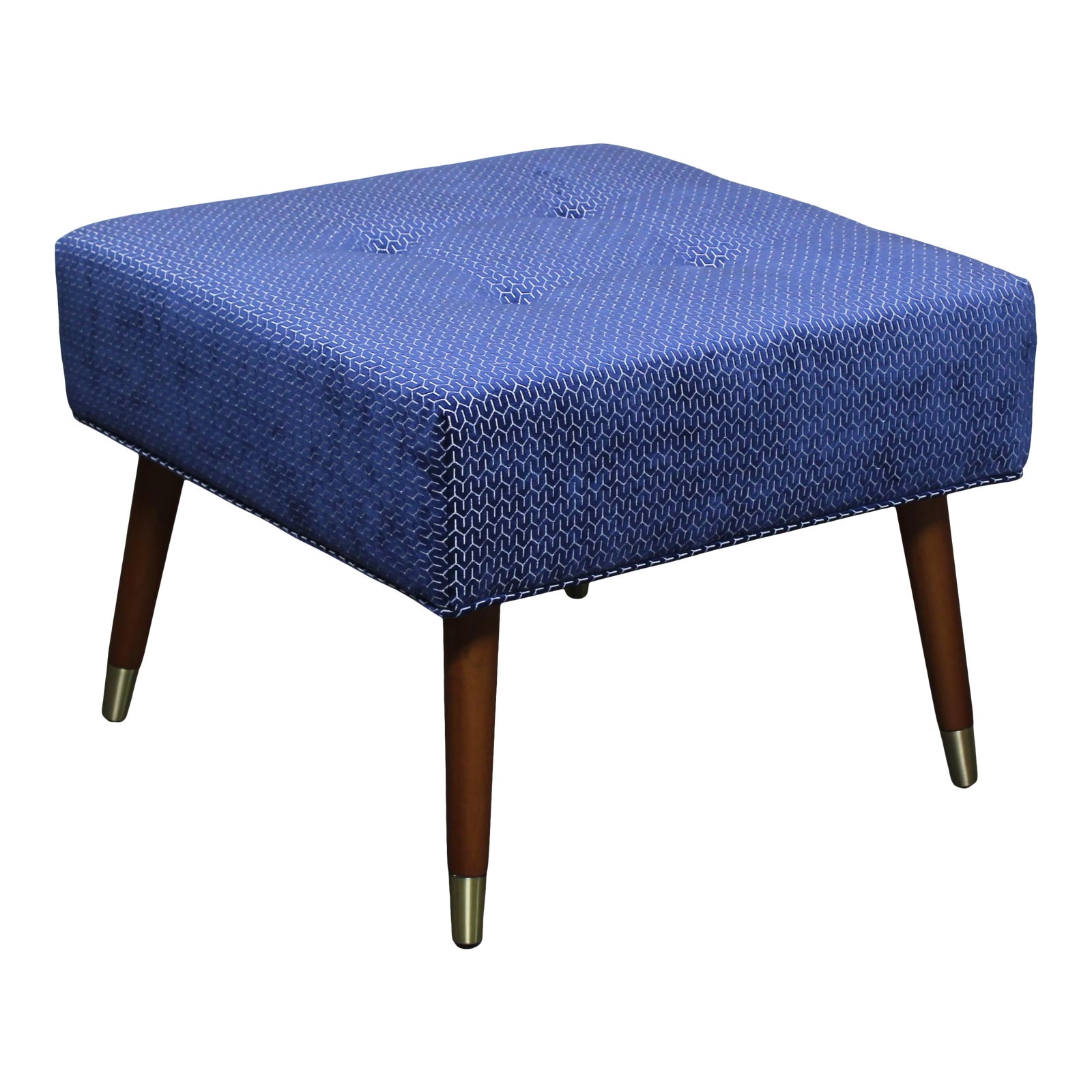 Mid Century Style Blue Chenille Ottoman With Walnut Legs | Chairish