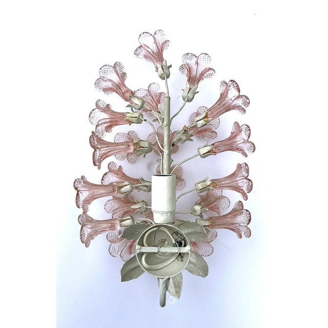 1950s Murano Rose-Colored Floral Glass Wall Sconces with White Enameled ...