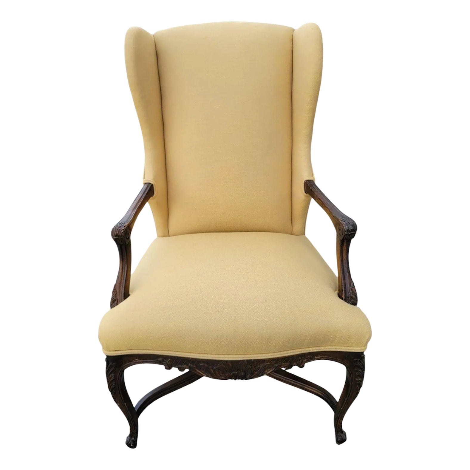 1930s French Country Wingback Chair - Hand-Carved Walnut, Newly ...