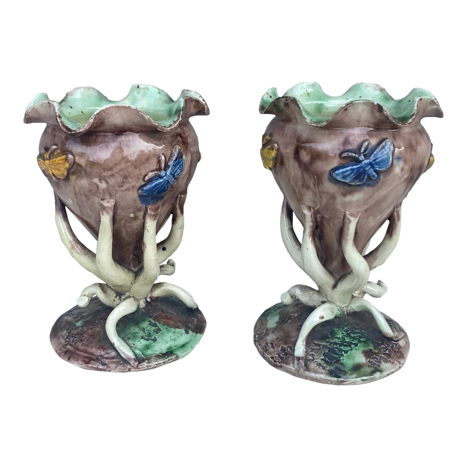 Majolica Palissy Vases With Butterflies Thomas Sergent, Circa 1880-A ...