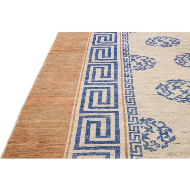 Modern Handmade Blue Greek Key Pattern Beige Oversize Wool Rug | Chairish