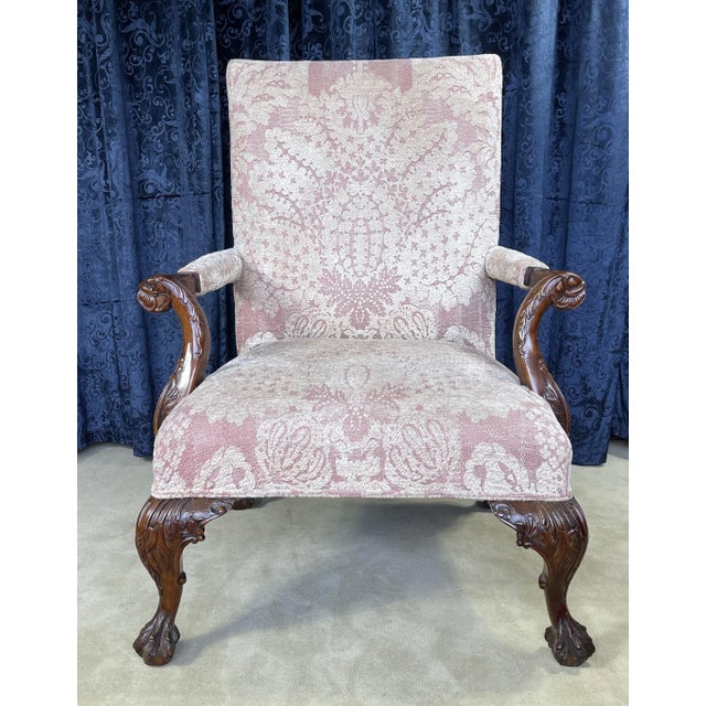 1990s Highly Carved English Style Open Armchair With Mauve and White ...