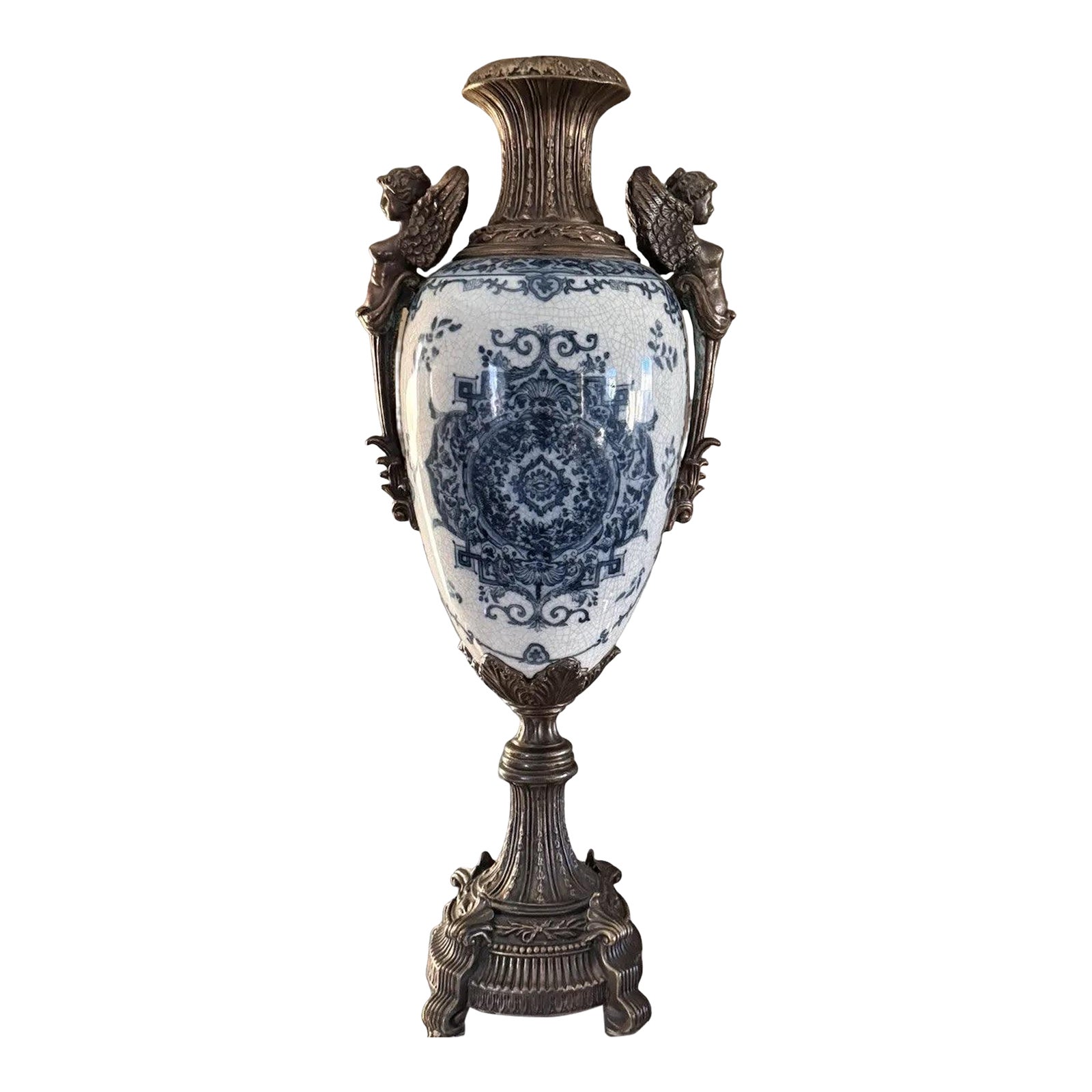 Chinese-Import Style Blue & White Porcelain Figural Vase Urn Athena ...