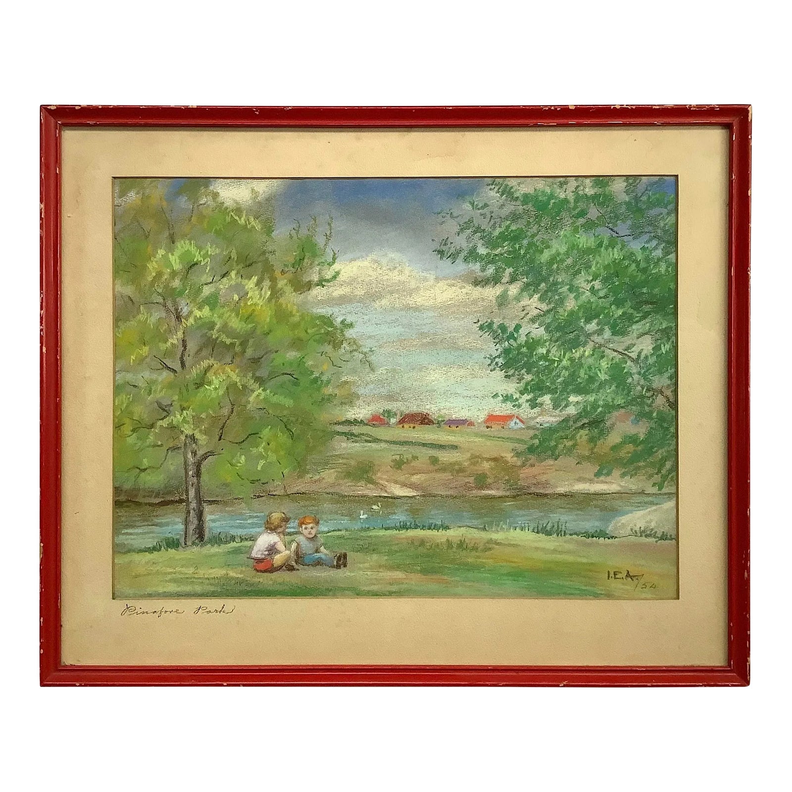 Dated 1954 Pastel Titled "Pinafore Park" in Original Red Fame | Chairish