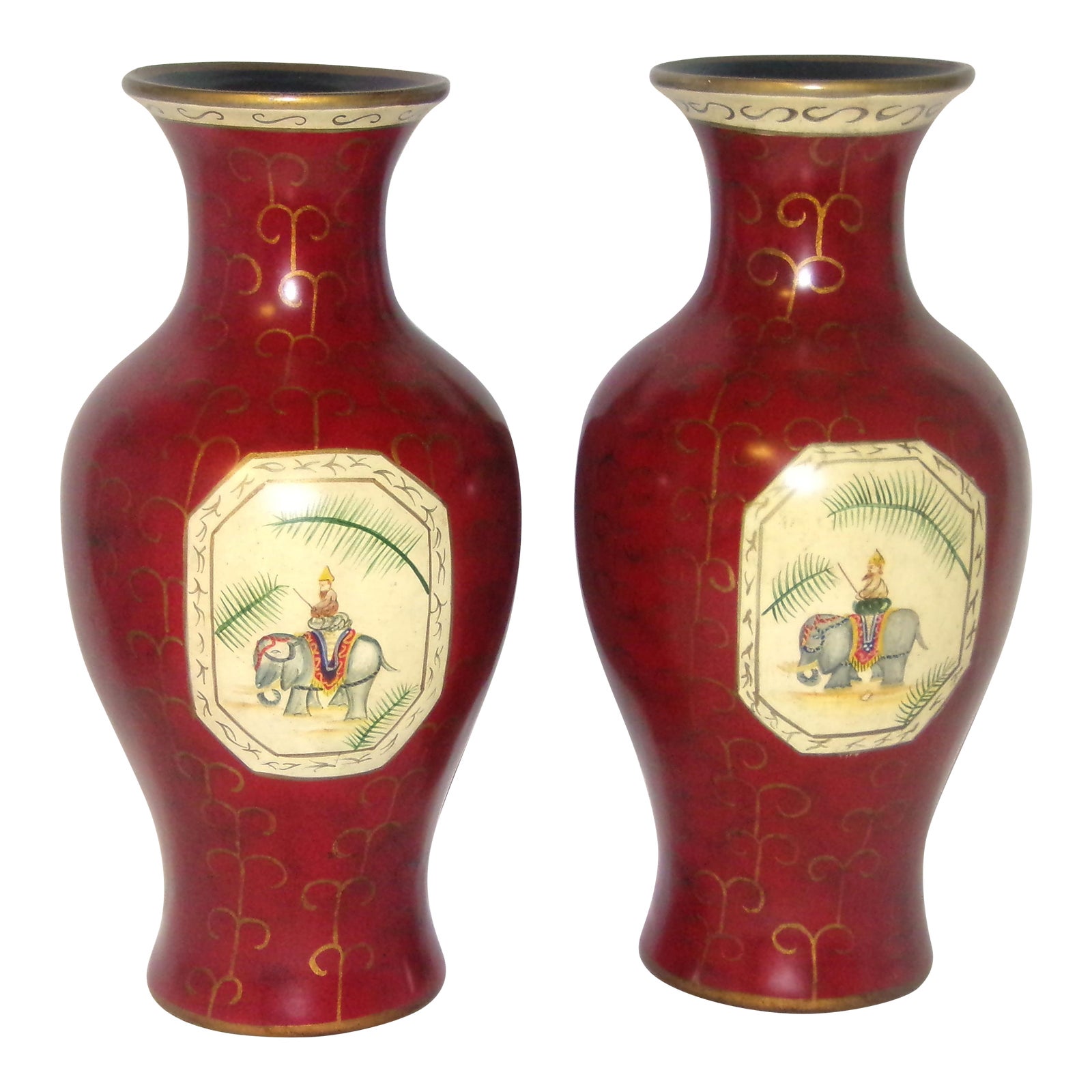 Large Pair of Late 20th Century Dark Red Vases With Elephant & Rider ...