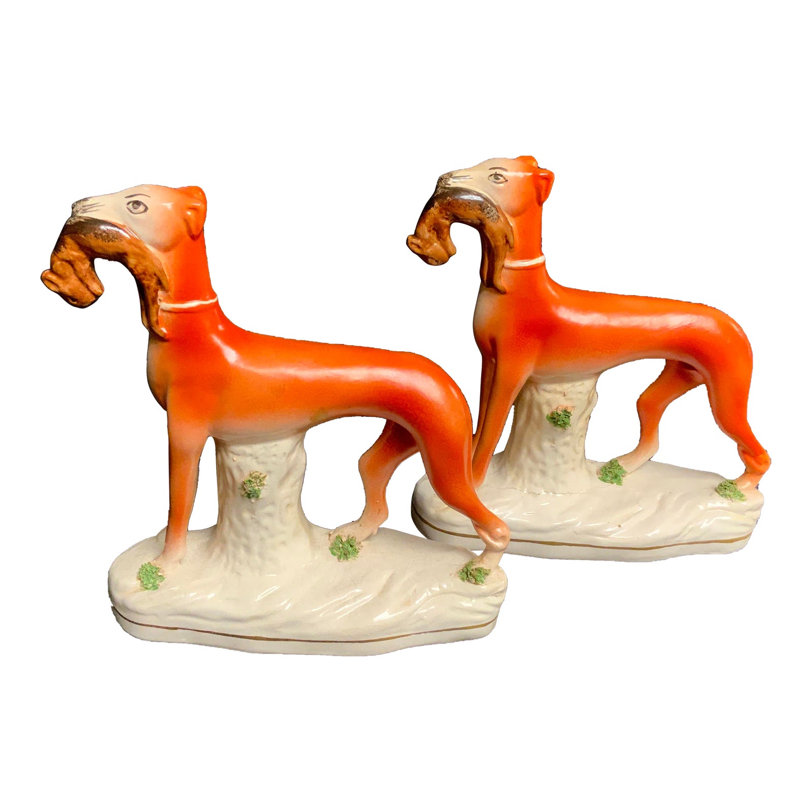 Pair of 19th Century Staffordshire Whippets With Rabbits | Chairish
